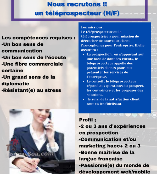 EM12170 : recrutement d'un téléprospecteur (H/F) (Dev.outsourcing - Em